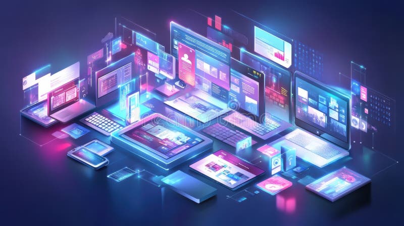 3D Multimedia Screen with Network Connections and Digital Devices Stock ...