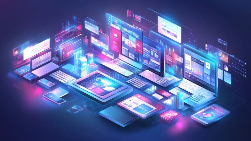 3D Multimedia Screen with Network Connections and Digital Devices Stock ...