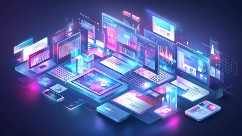 3D Multimedia Screen with Network Connections and Digital Devices Stock ...