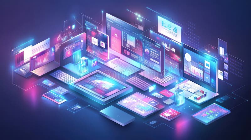 3D Multimedia Screen with Network Connections and Digital Devices Stock ...