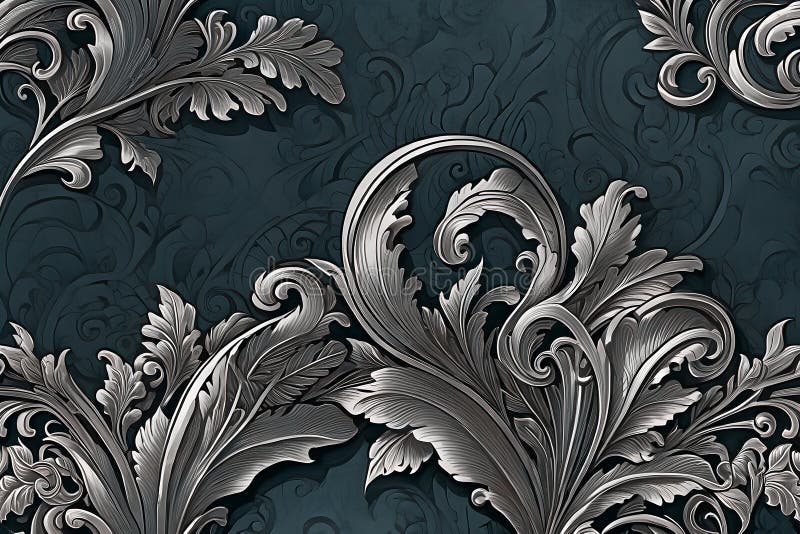 3D Mural Art Design.Gray Baroque Damask Patterns on a Dark Background ...