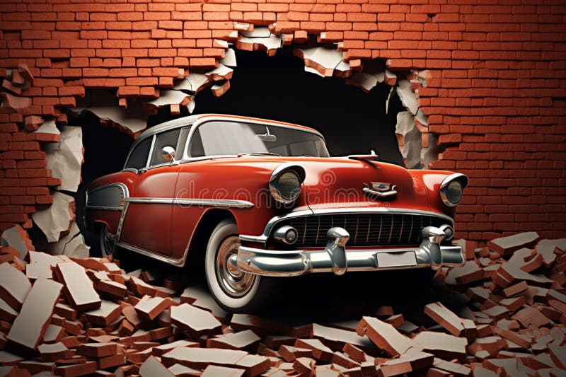 3D Mural Broken Wall, Bricks, Classic Red Car, World Map Stock ...