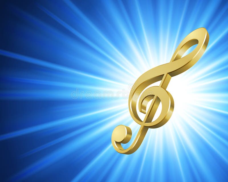 3d Musical Note Bright Blue Flash Vector. Golden Treble Clef in Rays is ...