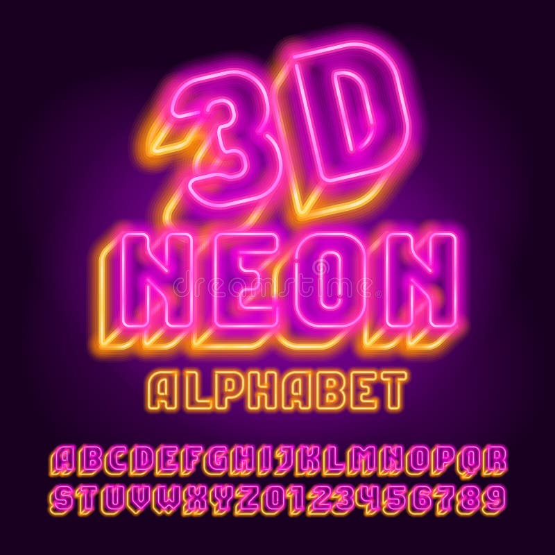 3D Neon Alphabet Font. Glowing Neon Light Letters and Numbers Stock ...