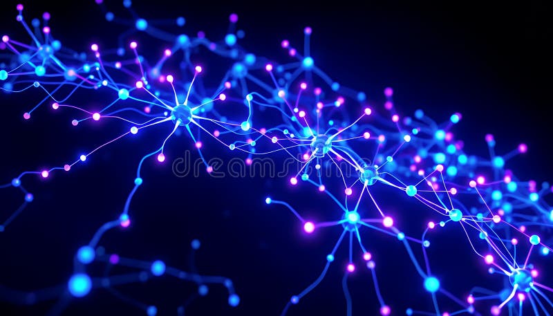3D Neon Bio Tech Illustration with Connected Blue and Pink Neurons ...