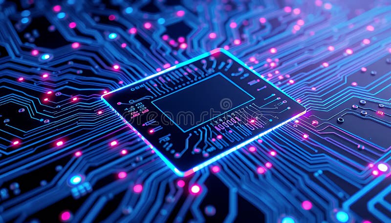 Neon Lit Circuit Board Illustration Featuring Blue and Pink Microchip ...