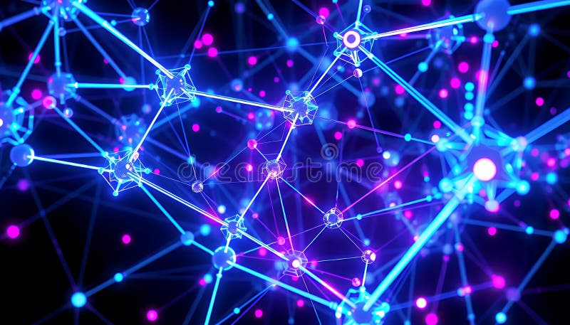 Abstract 3D Neon Biotech Network Illustration Featuring Interconnected ...