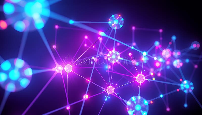 3D Neon Biotech Illustration with Interconnected Pink and Blue Lights ...
