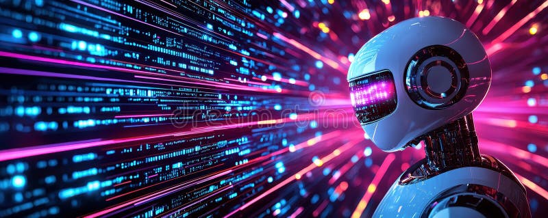 3d Neon Environment Displaying Robotic Evolution and Digital Data ...