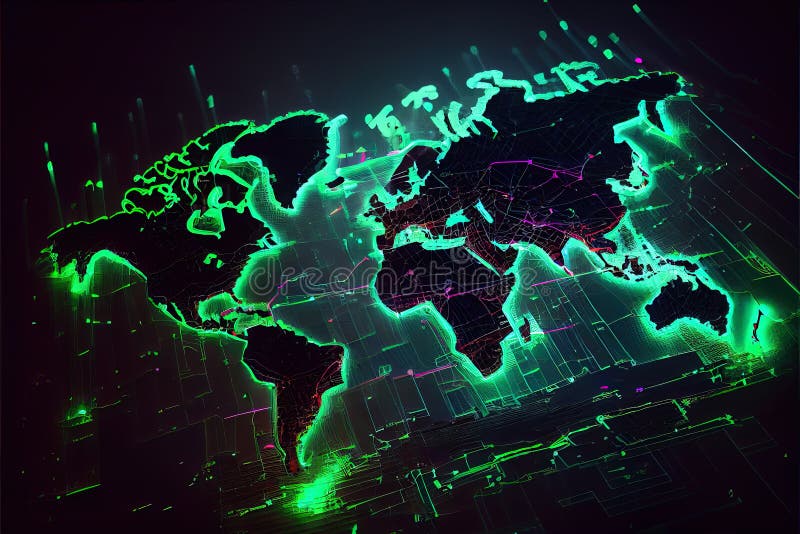 3d Neon Map of the World. Generative AI Stock Illustration ...