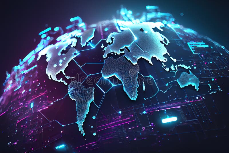 3d Neon Map of the World. Generative AI Stock Illustration ...