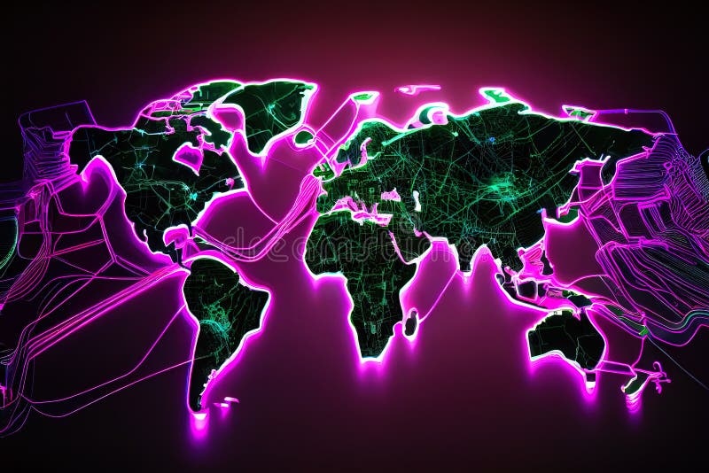 3d Neon Map of the World. Generative AI Stock Illustration ...