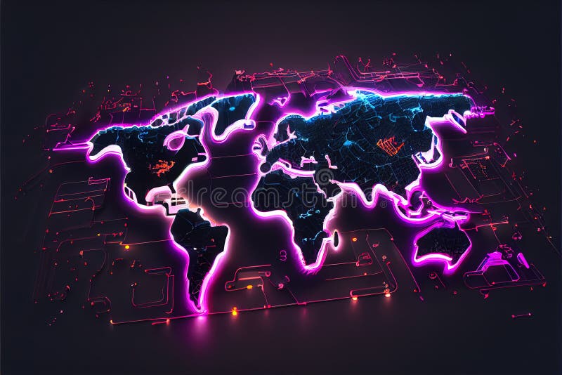 3d Neon Map of the World. Generative AI Stock Illustration ...