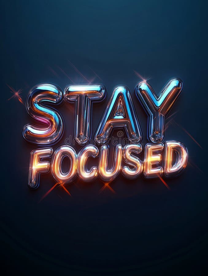 3D Neon Text Stay Focused Glowing Against a Dark Background. Stock ...
