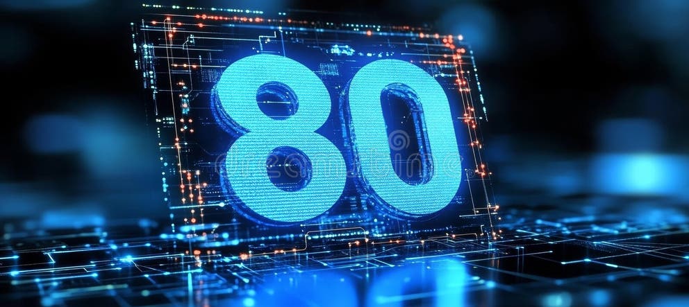 3D Number 80 on an Abstract Background with Glowing Lines and Grids ...
