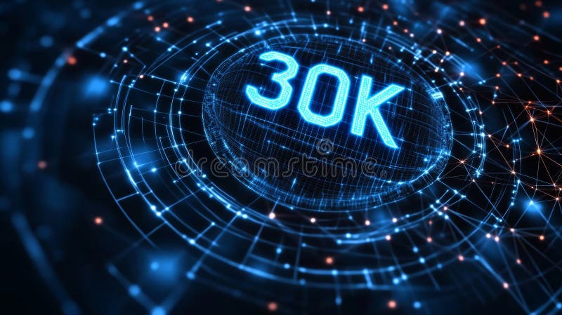 3D Number 30K in Futuristic Blue Cyberspace Style on Digital Abstract ...