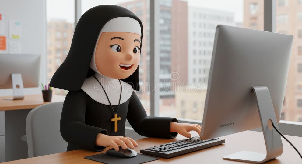 3D Nun Using Computer 3D Cartoon a 3D Cartoon Nun Skillfully Uses a ...