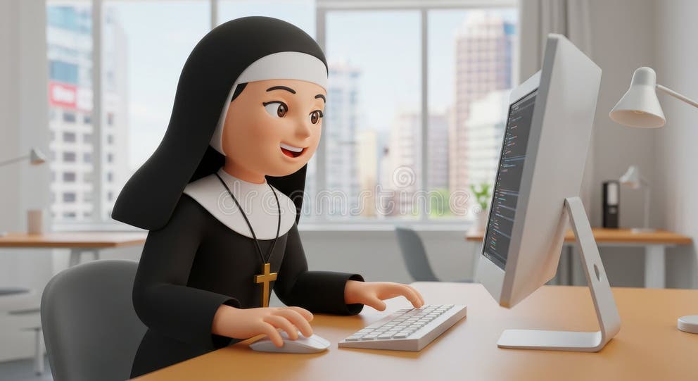 3D Nun Using Computer a Cartoon Nun Smiles while Using a Desktop ...
