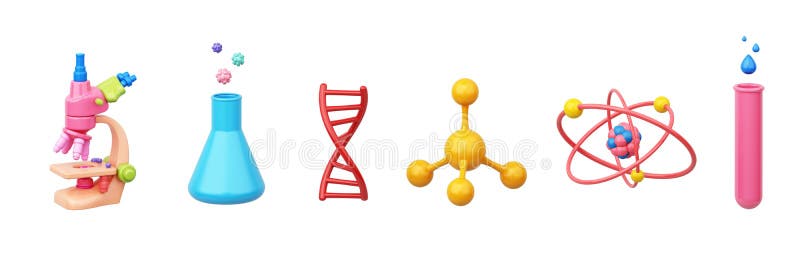 3D Object Model Set is Microscope, Beaker, DNA Helix, Molecule, Atom ...