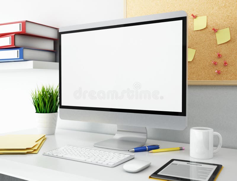 3D Office with Blank Computer Screen. Mockup Stock Illustration ...