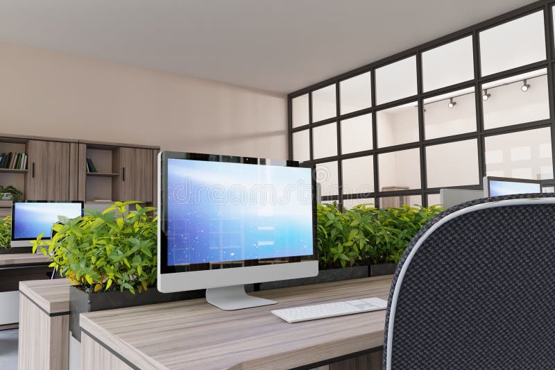 3D Office Interior, Work Place, Computers, Tables and Cabinets Stock ...