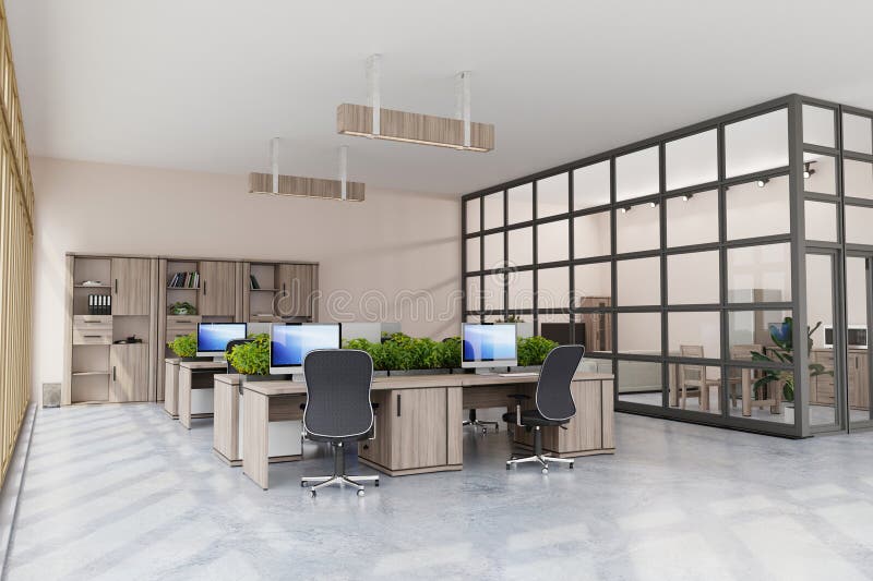 3D Office Interior, Work Place, Computers, Tables and Cabinets ...