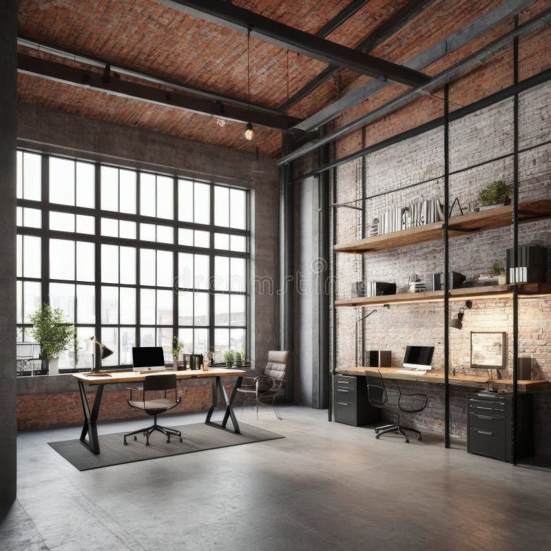 3d Office Modern Loft Render Interior Design Rustic Interior Office ...