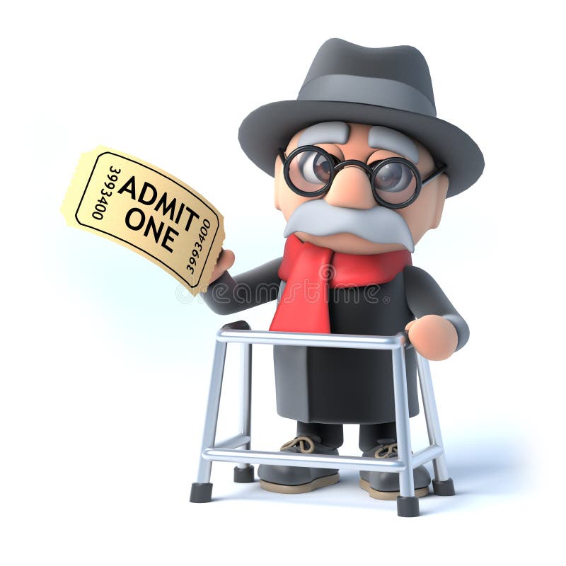 3d Old Man with Walking Frame Has Cinema Ticket Stock Illustration ...