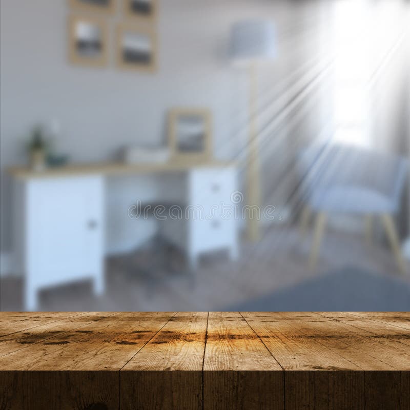 3D Old Wooden Table Looking Out To a Defocussed Lounge Interior with ...