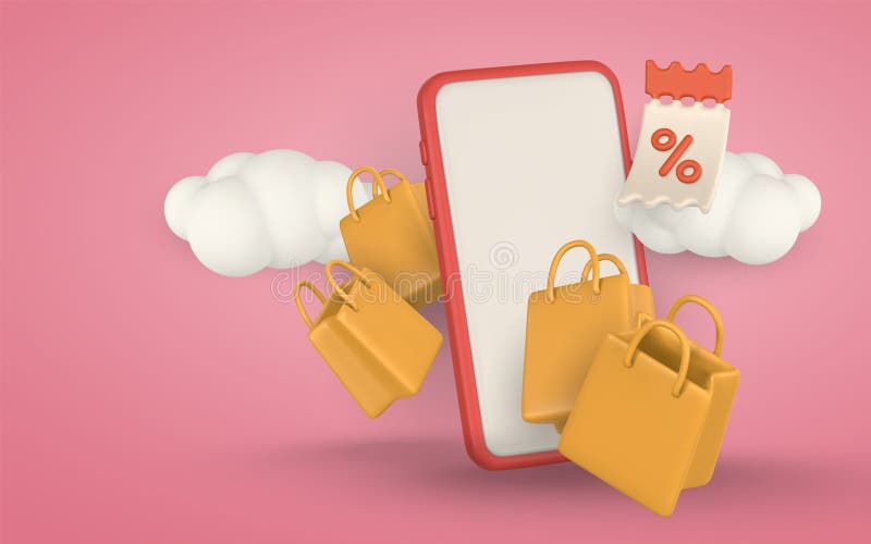 3d Online Shop. Smartphone with Shopping Bags and Cloud. Modern Online Shopping, Application for ...