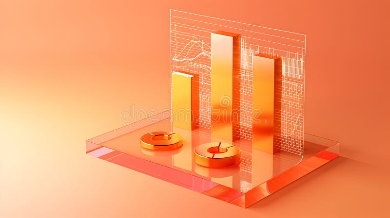 3D Orange Bar and Pie Charts on a Transparent Platform, Representing ...