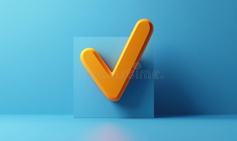 3D Orange Check Mark Icon on Blue Background for Approval and ...