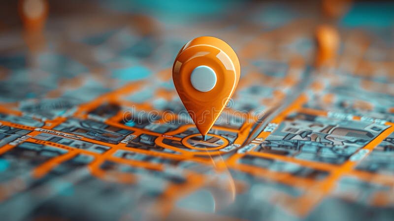 3D Orange Location Pin on a City Map Stock Illustration - Illustration ...