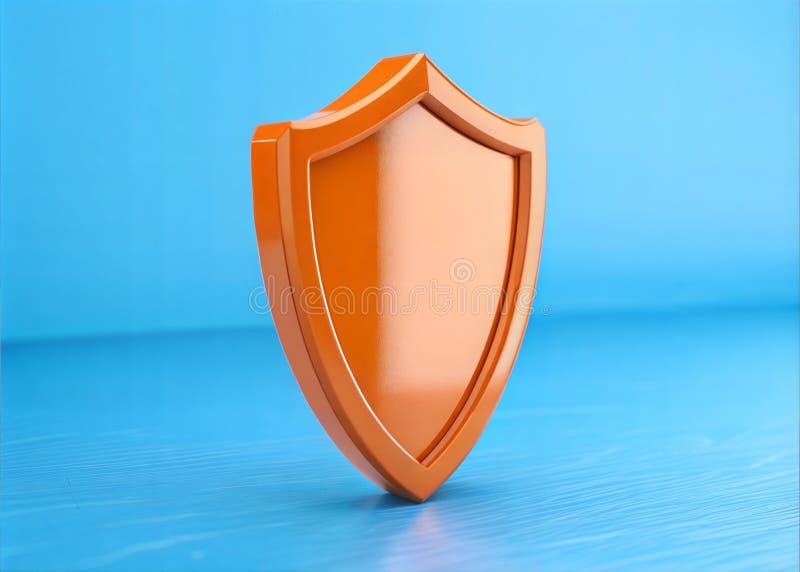 3D Orange Shield Icon on a Light Blue Background Stock Illustration ...