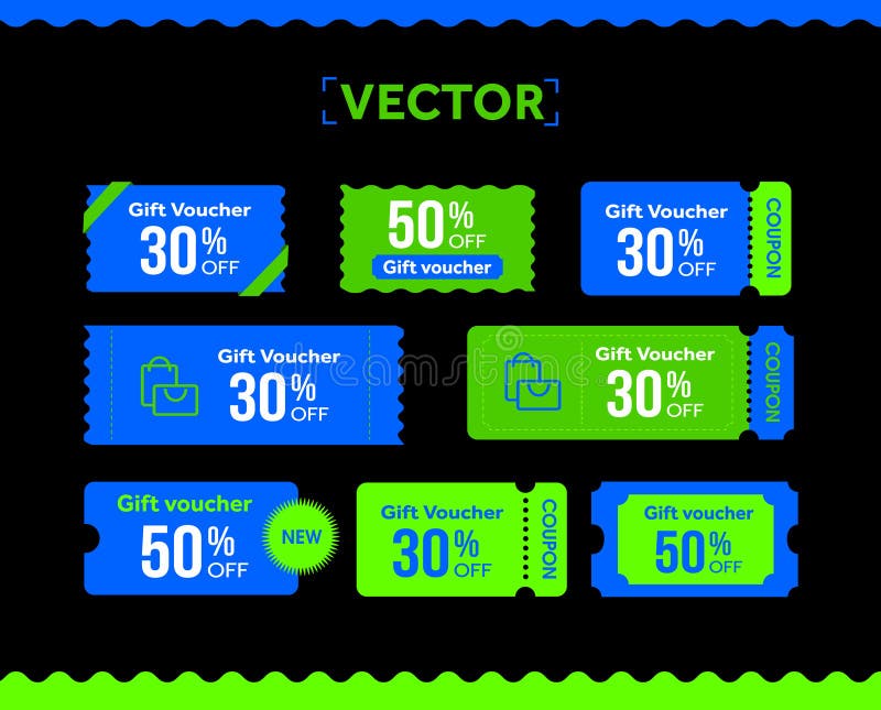 3d Pack of Coupons in Blue and Green, Shopping Icon, Barcode and Shape ...
