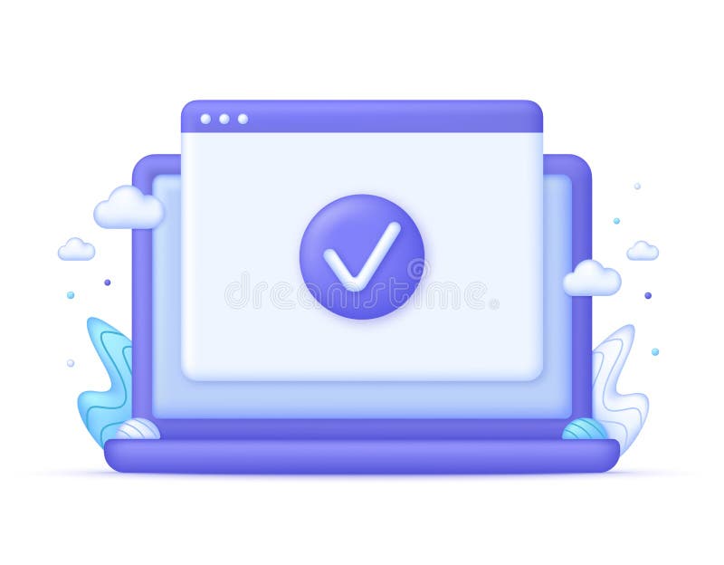 3D Page and Check Mark Icon on Computer. Approved Icon Stock Vector ...