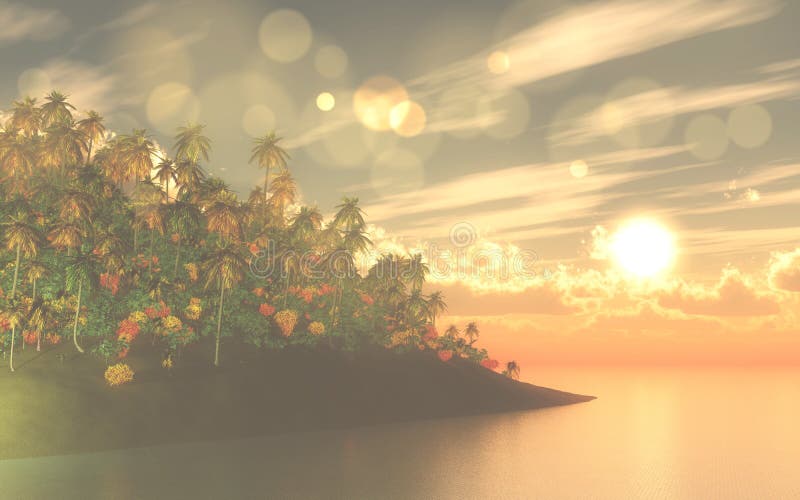 3D Palm Tree Island at Sunset Stock Illustration - Illustration of blue ...