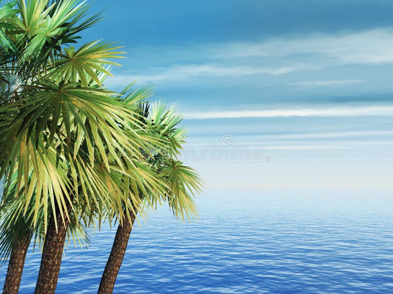 3D Palm Trees Against a Blue Ocean Landscape Stock Illustration ...