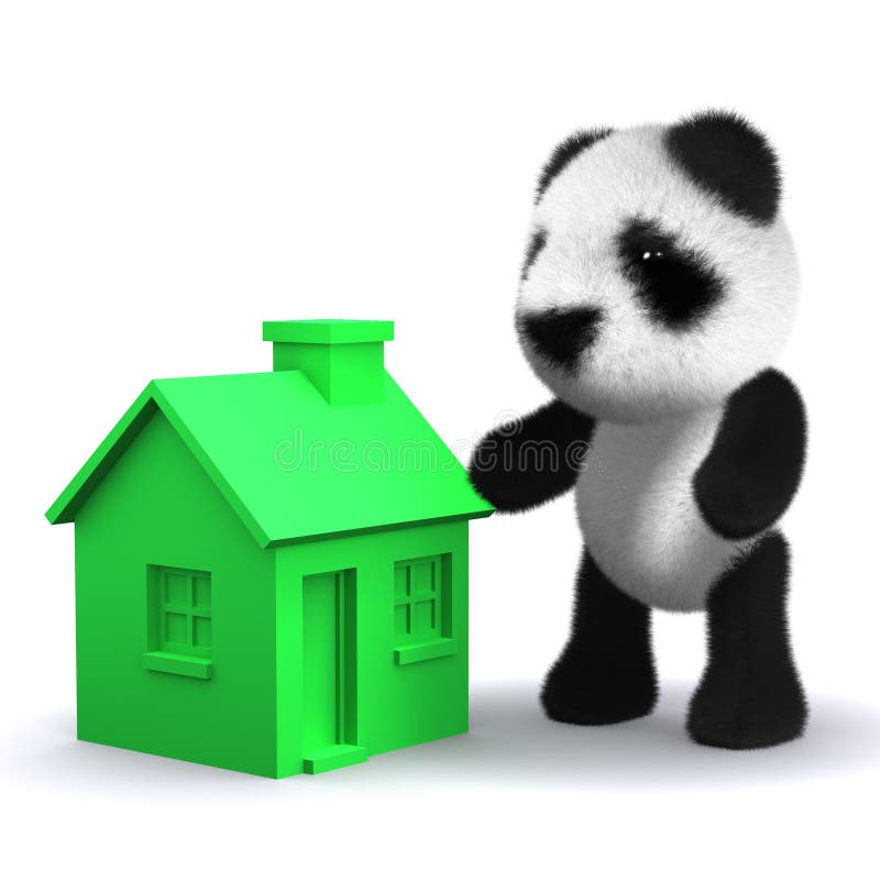 3d Panda Bear with a Green House Stock Illustration - Illustration of ...
