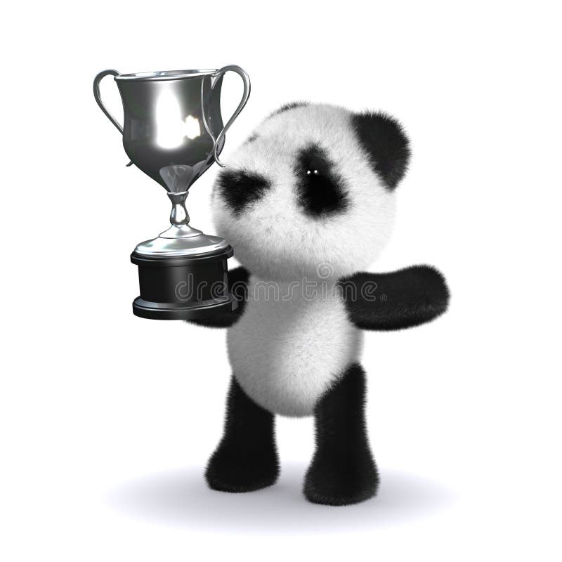 3d Panda Bear Holds Up a Silver Cup Stock Illustration - Illustration ...