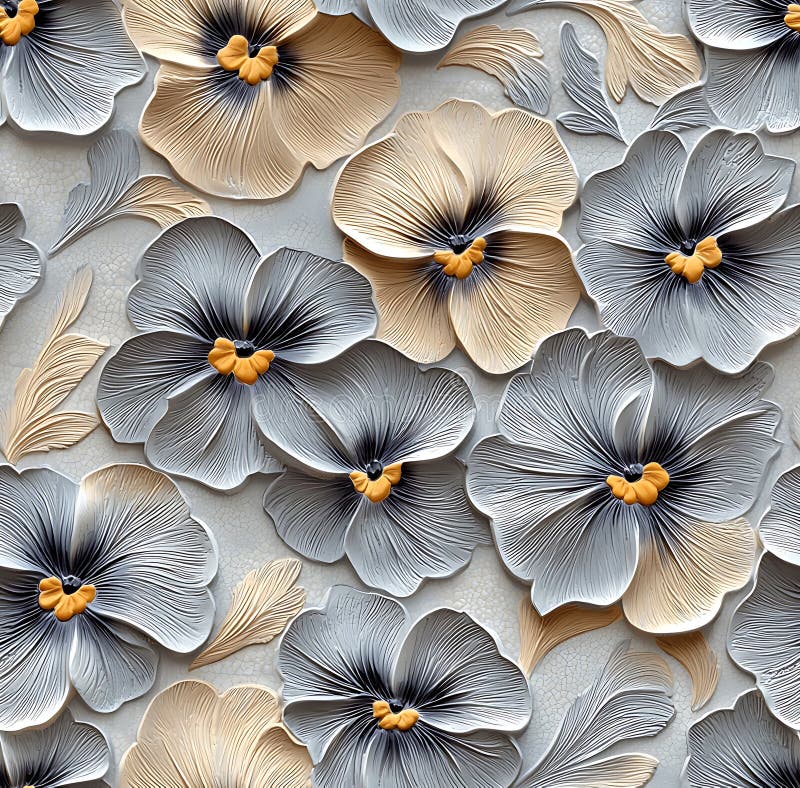 3d Pansy Flowers, Embossed Wallpaper Seamless Pattern Stock ...