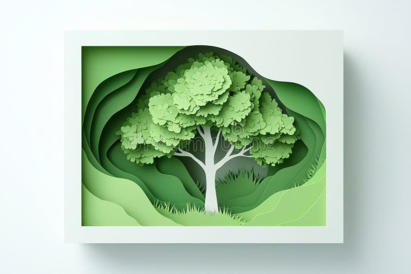 3D Paper Art of a Green Tree in a Shadow Box Frame Stock Image - Image ...