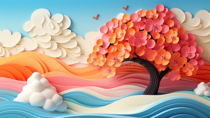 3d Paper Art of a Tree and Clouds Stock Illustration - Illustration of ...