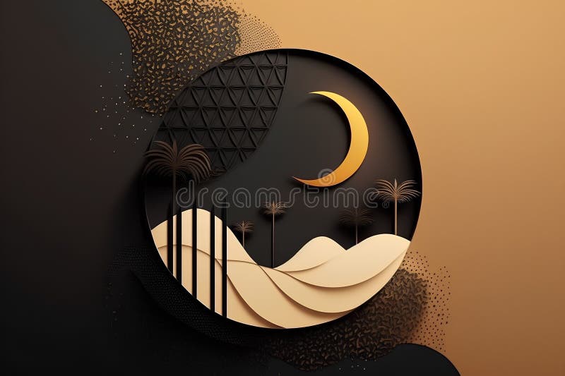 3D Paper Cut Moon and Palm Tree on Brown Background. Vector ...