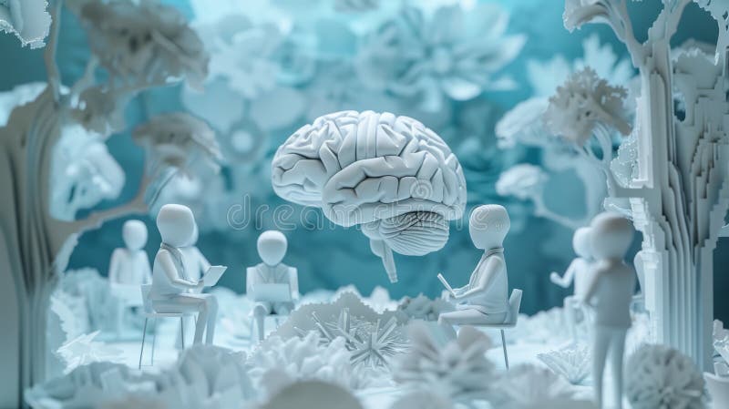 3D Paper Figures Brainstorm Around a Cut Brain Symbolizing Business ...
