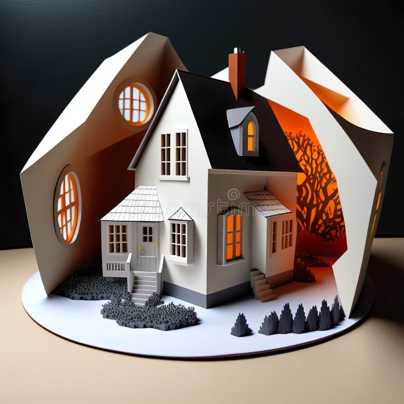 A 3d Paper Model with a White House and Paper Walls with Windows and ...