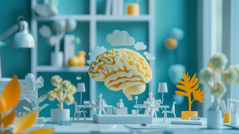 3D Paper Office Scene with Brain Symbolizing Business Creativity Stock ...
