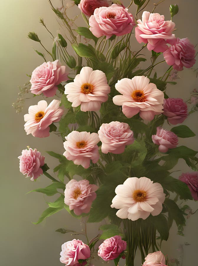 3D Pastel Botanicals with Flowers Shadowed Stems. Stock Illustration ...