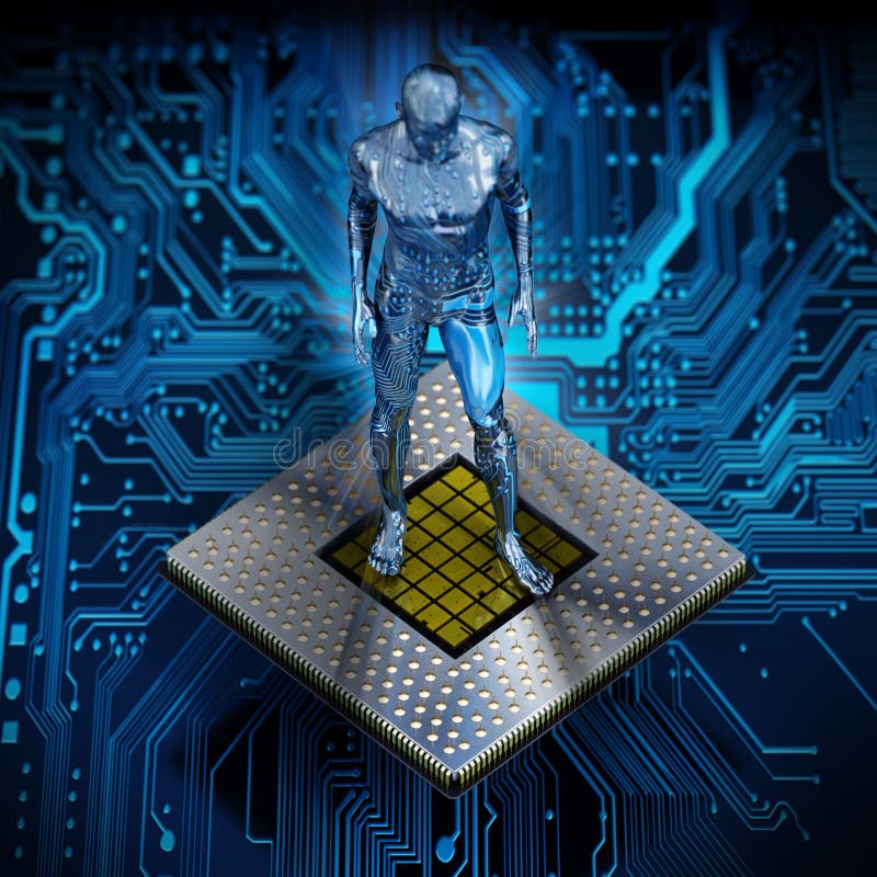 3D PCB Textured Figure Standing on the CPU. 3D Illustration Stock ...