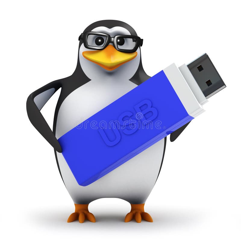 3d Penguin Backs Up His Data on a USB Memory Stick Stock Illustration ...
